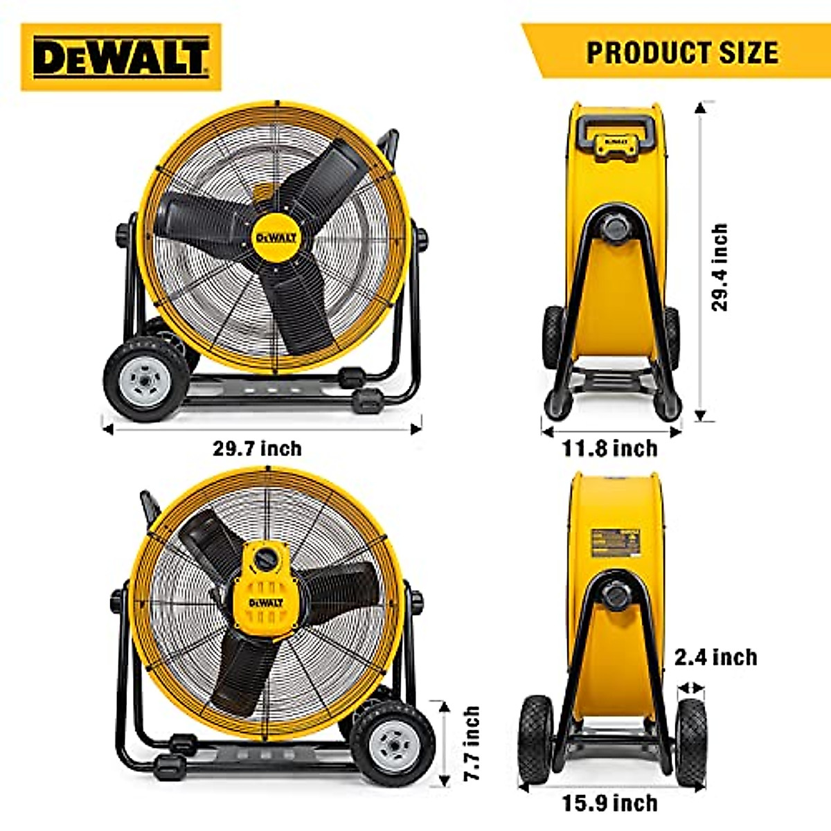 DEWALT DXF-2490 High-Velocity Industrial, Drum, Floor, Barn, Warehouse Fan, Heavy Duty Air Mover with Adjustable Tilt & Large Wheel, 24", Yellow