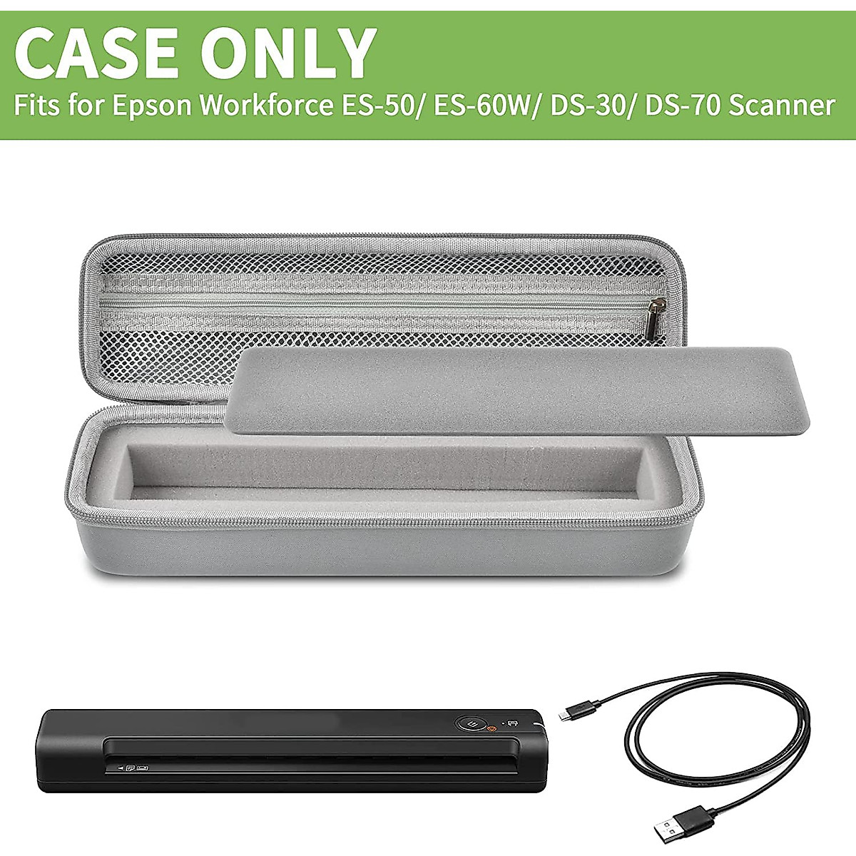 ALKOO Case Compatible with Epson Workforce ES-50/ ES-60W/ ES-55R/ ES-65WR/ DS-30/ DS-70/ DS-80W Portable Sheet-Fed Document Scanner, Storage for Epson Scanner for PC and Mac- Grey (Box Only)