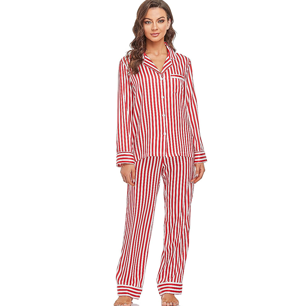Serenedelicacy Women's Satin Pajama Set Long Sleeve Button Down Sleepwear 2-Piece Striped Silky Pj Set (Medium, Red, Striped)