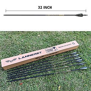 Lanneret Archery Carbon Arrows for Compound & Recurve Bows，32Inch Carbon Practice Bow Arrow with Removable for Youth Compound & Recurve Bow Target (Pack of 12) Black