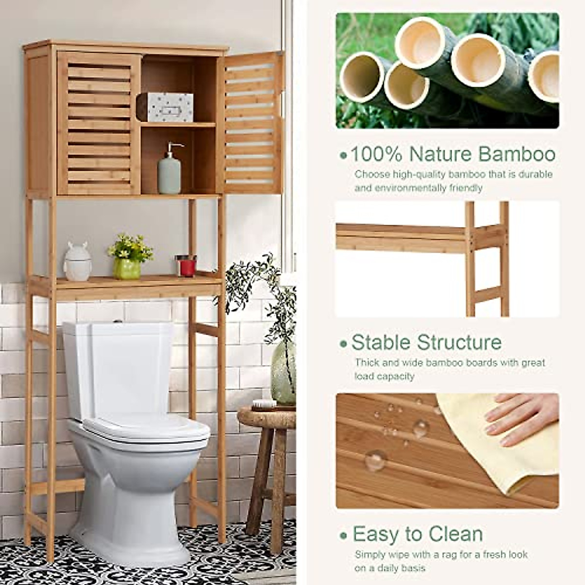 Sangsan Bamboo Freestanding Storage Organizer, Over The Toilet Cabinet Rack with Shelves and Hooks, Multifunctional Kitchen Storage Rack Space Saver for Bathroom, Laundry, Natural