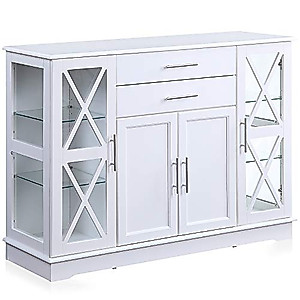 BELLEZE Sideboard Buffet Cabinet, 47 Inch Storage Cabinet Console Table Coffee Bar Cabinet Kitchen Cupboard Pantry Cabinet Glass Display Cabinet for Lving Room Entryway Dining Room, White