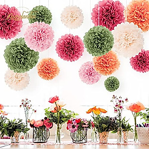 NICROLANDEE Wedding Party Decorations - 16Pcs Pink, Sage Green, Ivory Tissue Paper Pom Poms for Birthday, Engagement, Baby/Bridal Shower, Anniversary, Pastel Party, Festival Decorations