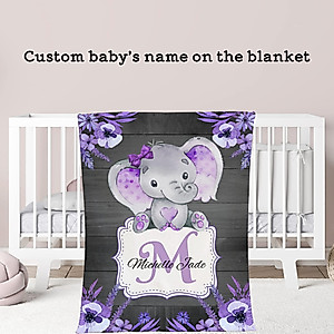 Custom Baby Blanket with Name for Baby Boy Girls，Personalized Purple Elephant Flower Design Soft Throws Blanket for Kids Toddler Swaddling Birthday Gifts