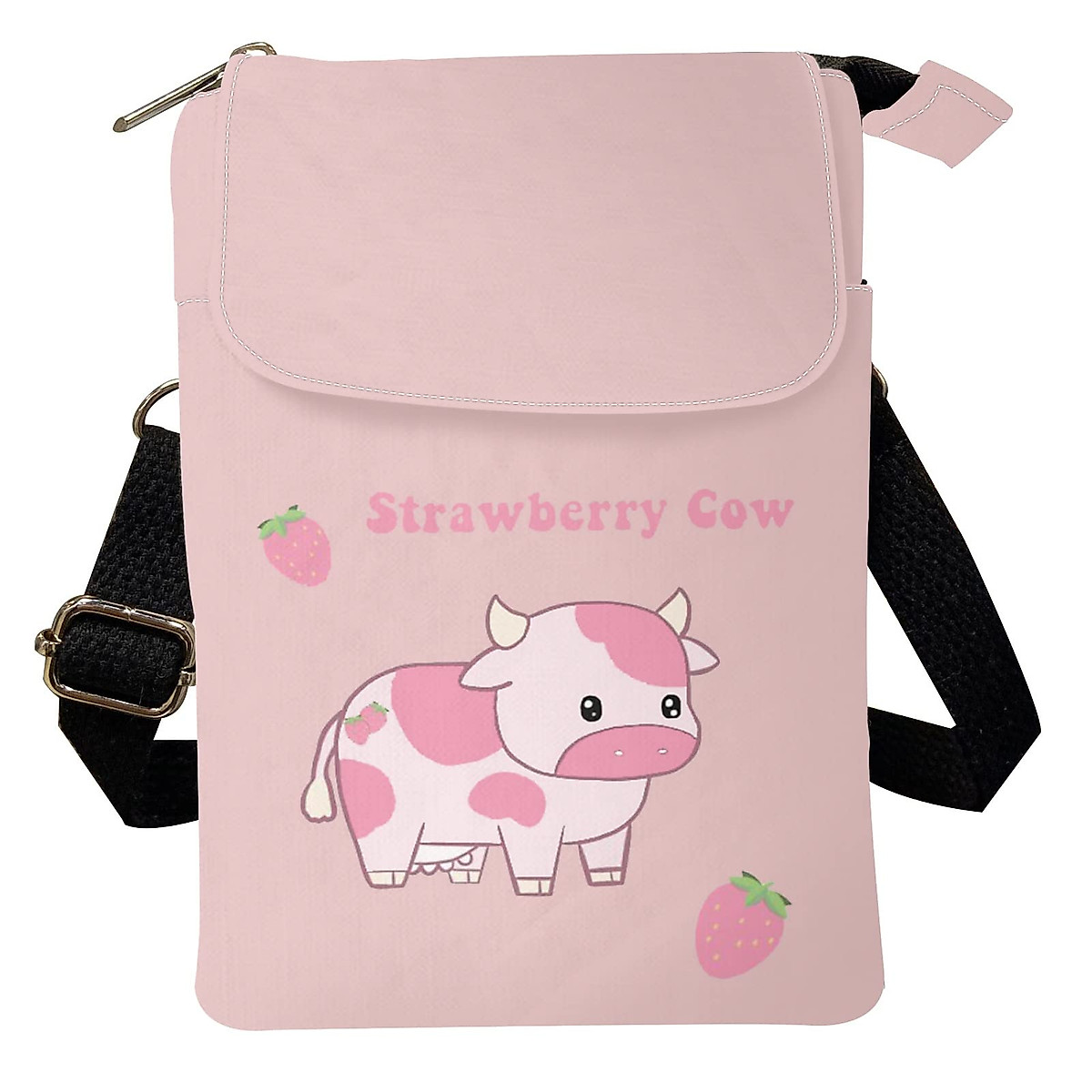Wideasale Crossbody Purses Pink Strawberry Cow Small Handbags for Women Crossover Phone Bag Over the Shoulder with Zipper Pocket,Birthday,Thanksgiving,Valentine's Day Gift