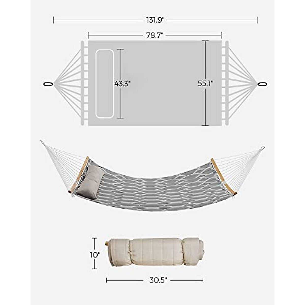 SONGMICS Hammock, Quilted Hammock with Curved Bamboo Spreaders, Pillow, 78.7 x 55.1 Inches, Portable Padded Hammock Holds up to 495 lb, Gray and Beige Rhombus UGDC034G02
