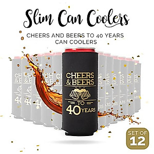 Cheers & Beers to 40 Years Slim Can Coolers, 40th Birthday Party Coolies, Set of 12, Black and Gold Thirtieth Birthday Cup Coolers, Perfect for Birthday Parties, Birthday Decorations