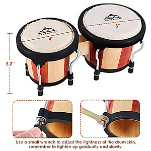 EastRock Bongo Drum 4” and 5” Bongos Drum Set for Adults Kids Beginners Professionals Tunable Wood and Metal Drum Percussion Instruments with Tuning Wrench