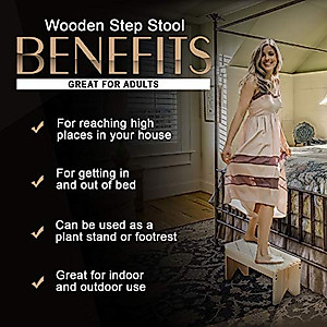 ﻿Wooden Step Stool for Adults & Kids - Very Sturdy, Bed Stool for High Beds, Kitchen, Bathroom, Closet. Made Lightweight Quality Eco Pine, Attractive & Easy to Assemble