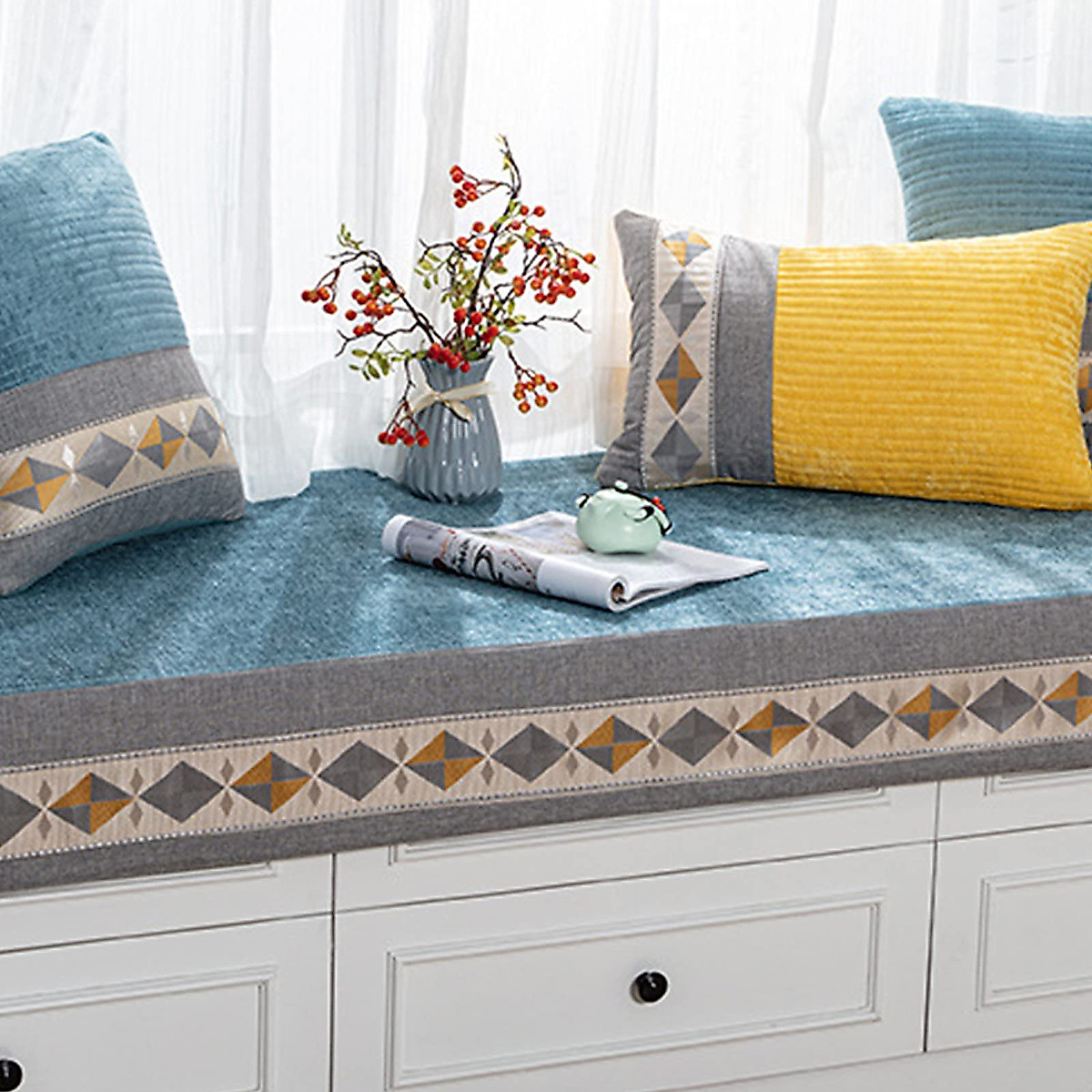 CAMAL Bay Window Seat Cushions Indoor, Non-Slip Chenille Window Seat Cushions Indoor, Rustic Farmhouse Window Sill Mat Bench Seat Cover for Sofa Bedroom Living Room - 27.55" x 82.67", Green-B