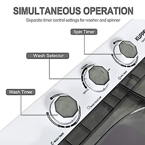 KUPPET Compact Twin Tub Portable Mini Washing Machine 26lbs Capacity, Washer(18lbs)&Spiner(8lbs)/Built-in Drain Pump/Semi-Automatic (White&Gray)