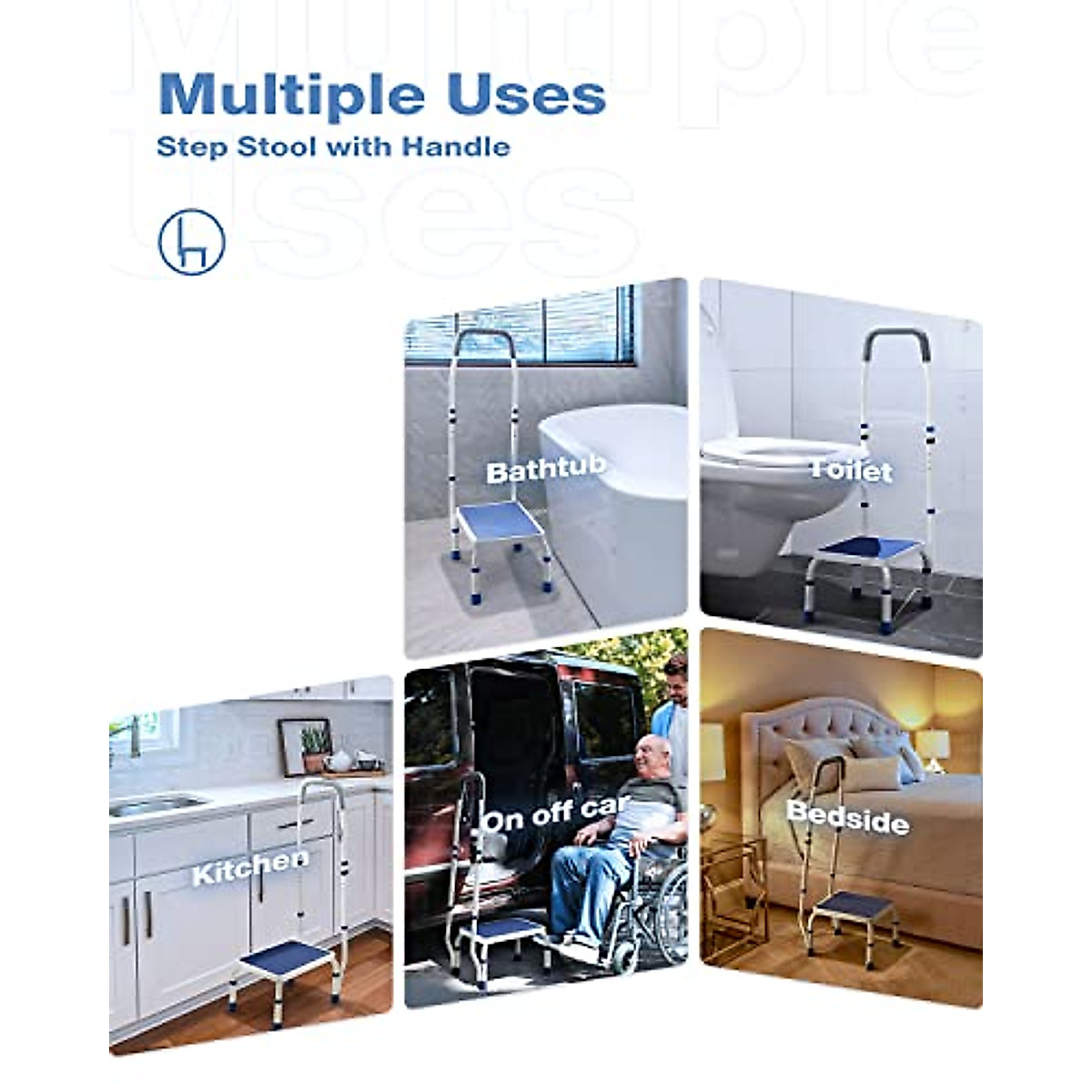 GreenChief Metal Step Stool with Handle, Bed Medical Foot Step Stool for Elderly, Handicap, Adults, One Stepping Stool with Handrail for Bedroom Bathroom (Heavy Duty 500 Lbs Support)