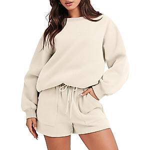 ANRABESS Women 2 Piece Outfits Sweat Shorts Sets 2025 Oversized Casual Lounge Matching Set Sweatsuit Tracksuit Clothes Beige X-Small
