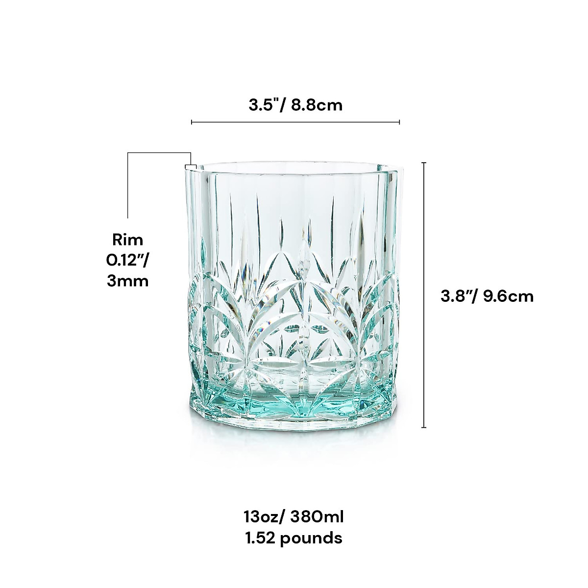 BELLAFORTE Shatterproof Tritan Plastic Short Tumbler, Set of 4, 13oz - Myrtle Beach Unbreakable Crystal Cut Old Fashioned Drinking Glasses for Whiskey - BPA Free - Dishwasher Safe - Teal