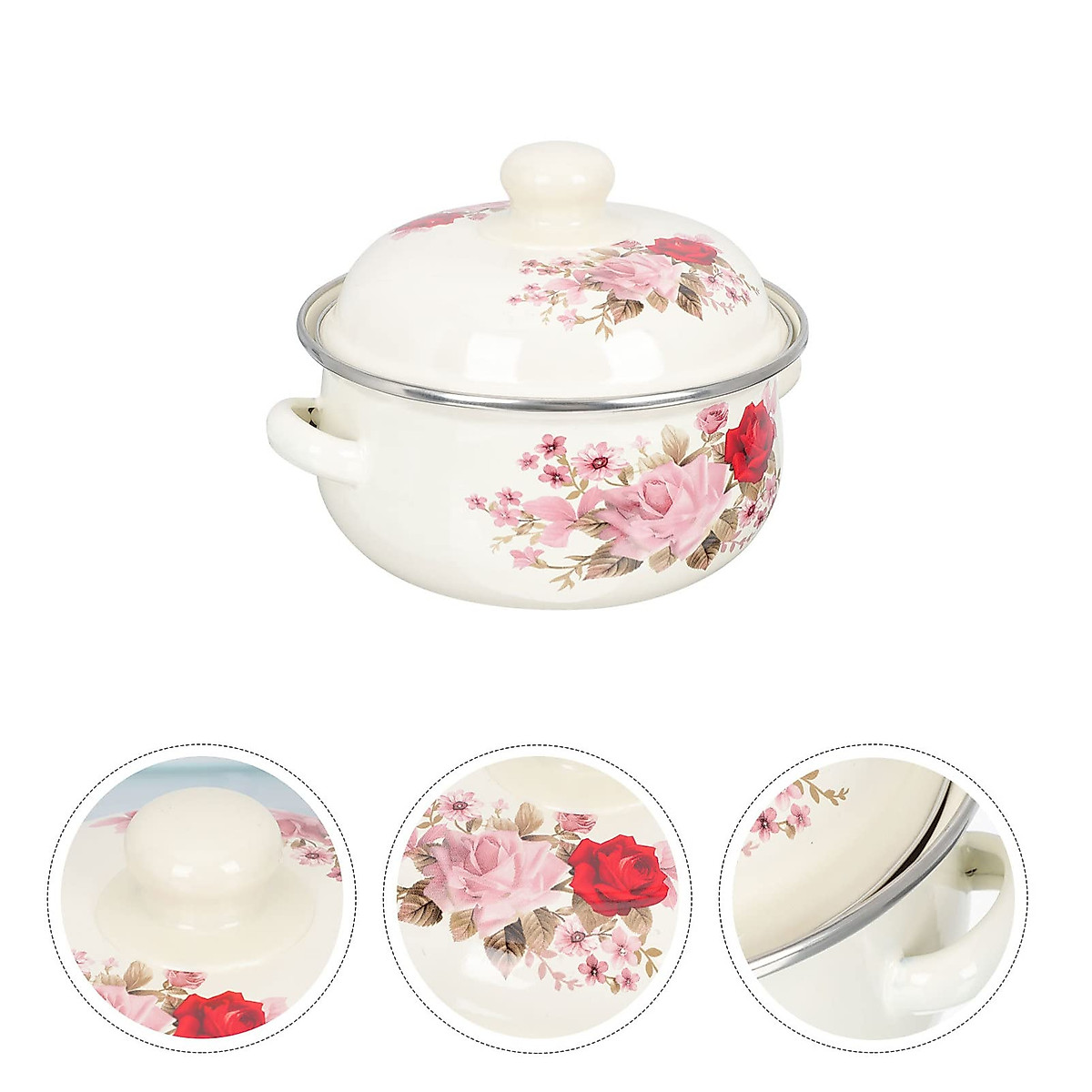 1L Flower Enamel Stock Pot with Lid Large Cooking Pot Flat Bottom Stew Pot for Soup, Stew, Canning