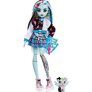 Monster High Doll, Frankie Stein with Blue & Black Streaked Hair in Signature Look with Fashion Accessories & Pet Dog Watzie