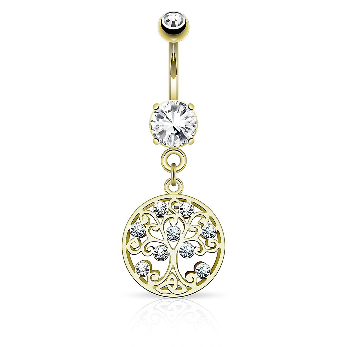 Dynamique Tree Of Life with CZ Dangle On Round CZ Surgical Steel Belly Button Ring (Sold Per Piece)