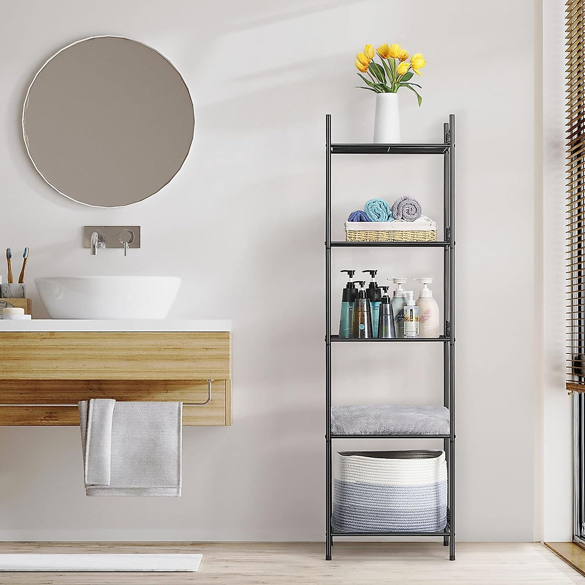 2 Pack 5-Tier Bathroom Storage Shelf, Heavy Duty Wire Shelving Unit Free Standing Towel Rack Organization for Kitchen Bathroom Laundry, Black