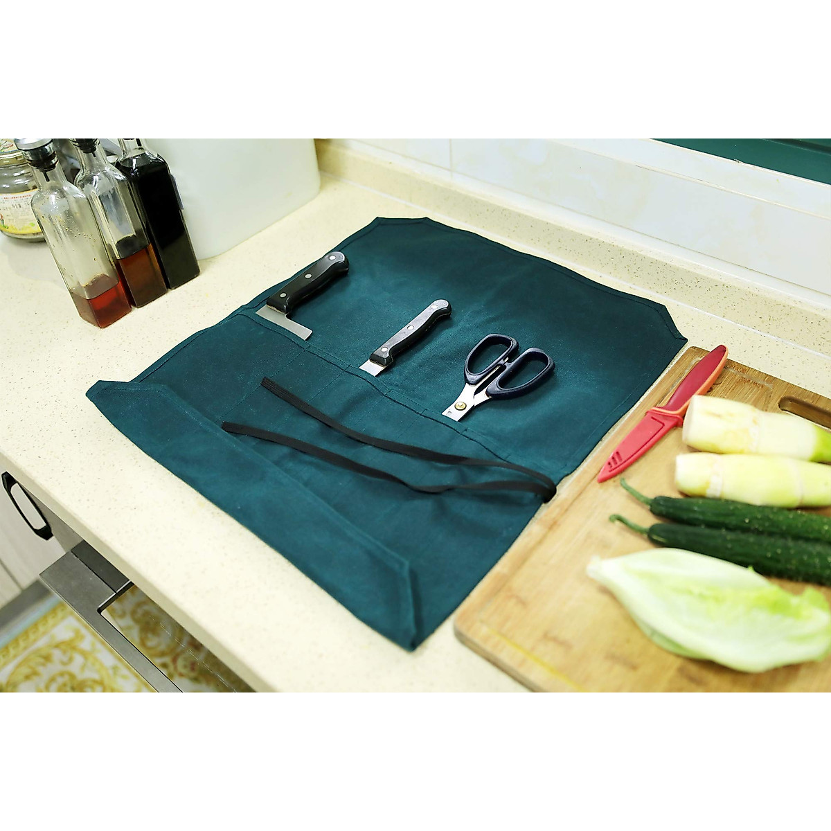 Denifiter Heavy Duty Waxed Canvas Chef Knife Storage Roll Bag With 7 Slots, Waterproof And Durable (Dark Green)