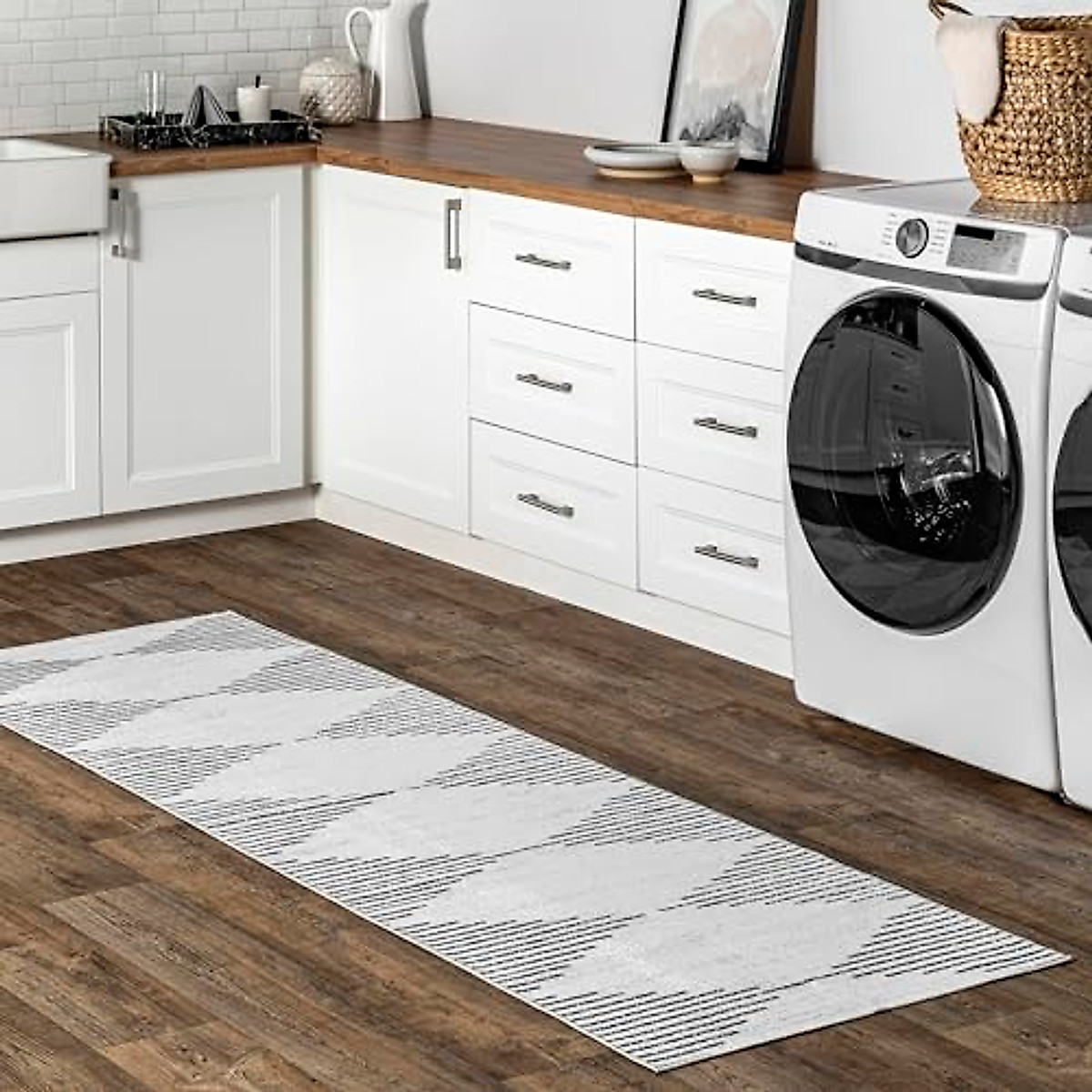 nuLOOM 2' x 12' SpinClean Machine Washable Stain-Resistant Area Rug with Non Slip Backing, Low Profile for Living Room, Bedroom, and Dining Room, Romina White