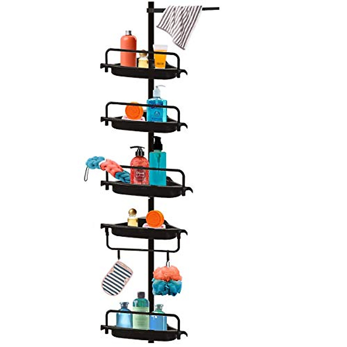 Vailge Constant Tension Corner Shower Caddy, Stainless Steel Pole, 5-Shelf, Rustproof, Strong and Sturdy, Black