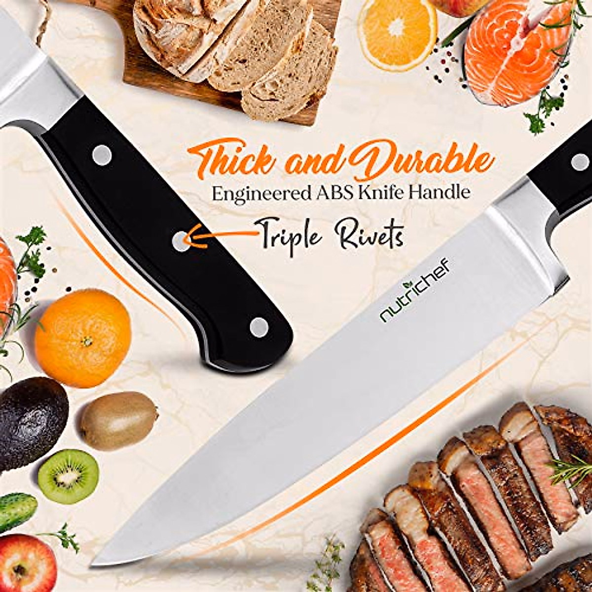 NutriChef 13 Piece Kitchen Knife Set - German Stainless Steel Kitchen Precision Knives Set w/ 6 Steak Knives & Bonus Scissors, Wooden Block Stand w/ Sharpener - Slicing, Chopping, Dicing - NCKNS13