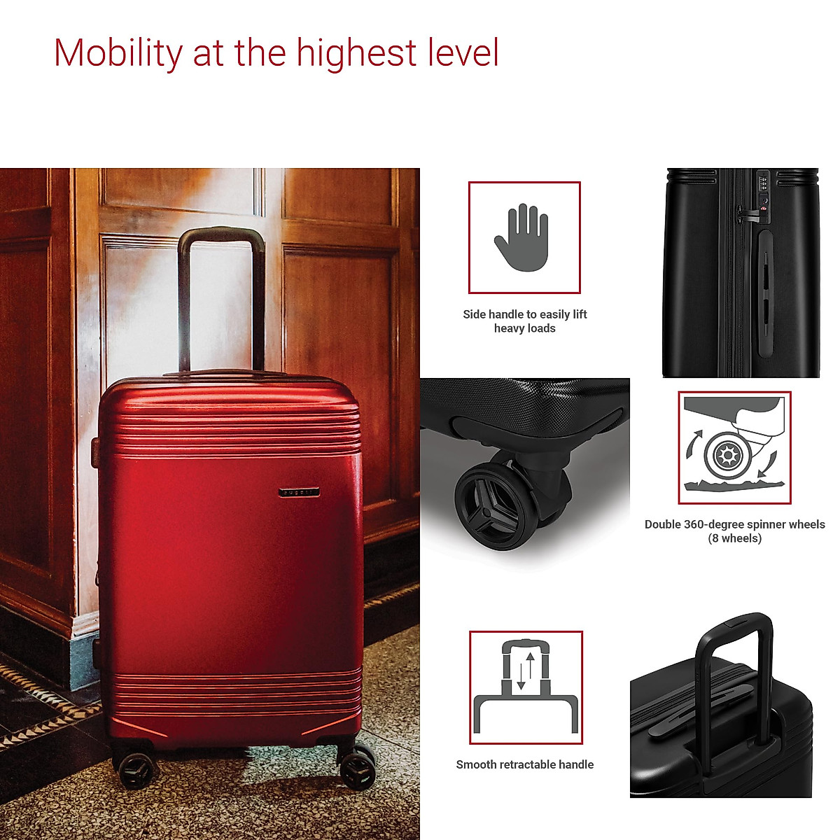 Bugatti Nashville Collection 20 Inch Hard Shell Spinner Carry On Bag for Airplanes, Hardside Expandable Suitcase with 360-Degree Spinner Wheels, Retractable Handle, Airline Approved, Black