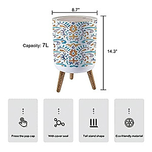 Small Trash Can with Lid Embroidered Seamless Bohemian Wavy Print Watercolor Texture on a White 7 Liter Round Garbage Can Elasticity Press Cover Lid Wastebasket for Kitchen Bathroom Office 1.8 Gallon