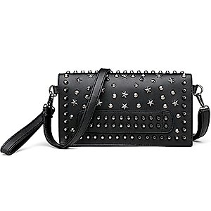 KUANG! Black Dark Punk Style Shoulder Bag Pu Leather Wristlets Clutch Purse Fashion Rivets Handbags