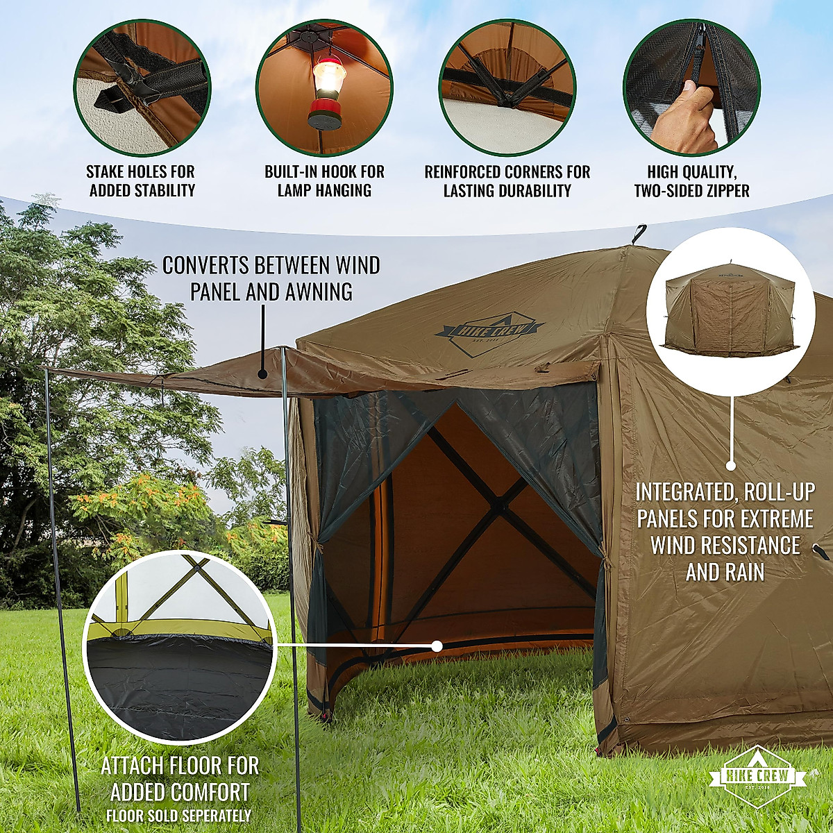 Hike Crew 12’x12’ Pop-Up Gazebo Screen Tent | 6-Sided Outdoor Canopy Shelter w/Built-in Zippered Wind Panels, Built-in Awning, Stakes, Ropes & Carry Bag for Camping & Sports | UV Resistant SPF 50+