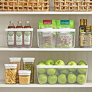 mDesign Steel Food Storage Organizer Bin Mesh Basket, Space Saving for Kitchen Cabinets, Countertop, Pantry, Fridge, Freezer Organization, Canned Food, Sugar, Flour, Meshi Collection - 2 Pack - White