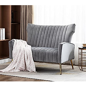 Artechworks Tufted Contemporary Velvet Wingback HighBack Loveseat Sofa Chair Upholstered Couch with Gold Metal Legs Two-Seat Sofa for Living Room Bedroom Apartment Small Space Dorm, Grey