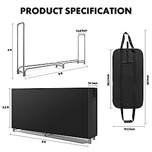 MAYOLIAH 8 Ft Outdoor Indoor Firewood Log Rack with Cover and Tote Bag Combo, Waterproof Wood Storage for Fire Wood Stand Heavy Duty Log Holders for Inside Fireplace, Black