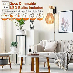 ZECOXOL Plug-in Wall Sconces Set of Two, Rattan Boho Decor Wall Lamps with Plug-in Cord, Wicker Sconces for Bedroom & Living Room