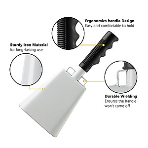 Steel Cowbell with Handle 8 Inch Cow Bells Noise Makers, 2 Pack Large Cowbells for Sporting Events, Hand Percussion Cowbells Cheering Bell for Football Game Party Concert Graduation School (White)