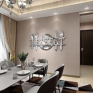 Doeean Let's Eat Sign Acrylic 3D Mirror Wall Decor Wall Decals Decorations Stickers for Kitchen or Dining Room (Silver 26.3 X 13.2)