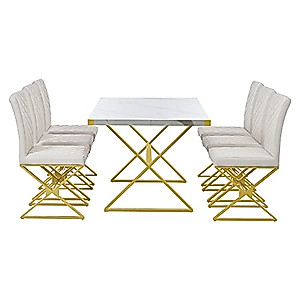 Merax 7-Piece Modern Furniture Set, Rectangular Marble Texture Kitchen Table, and 6 PU Leather Chairs with X-Shaped Gold Steel Pipe Legs for Dining Room, 7Pcs, White