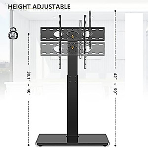 Universal Floor TV Stand Base with Swivel Height Adjustable Mount for 32 37 43 47 50 55 60 65 70 Inch Plasma LCD LED OLED Flat or Curved Screen TVs, Black Tempered Glass Base for Media Storage