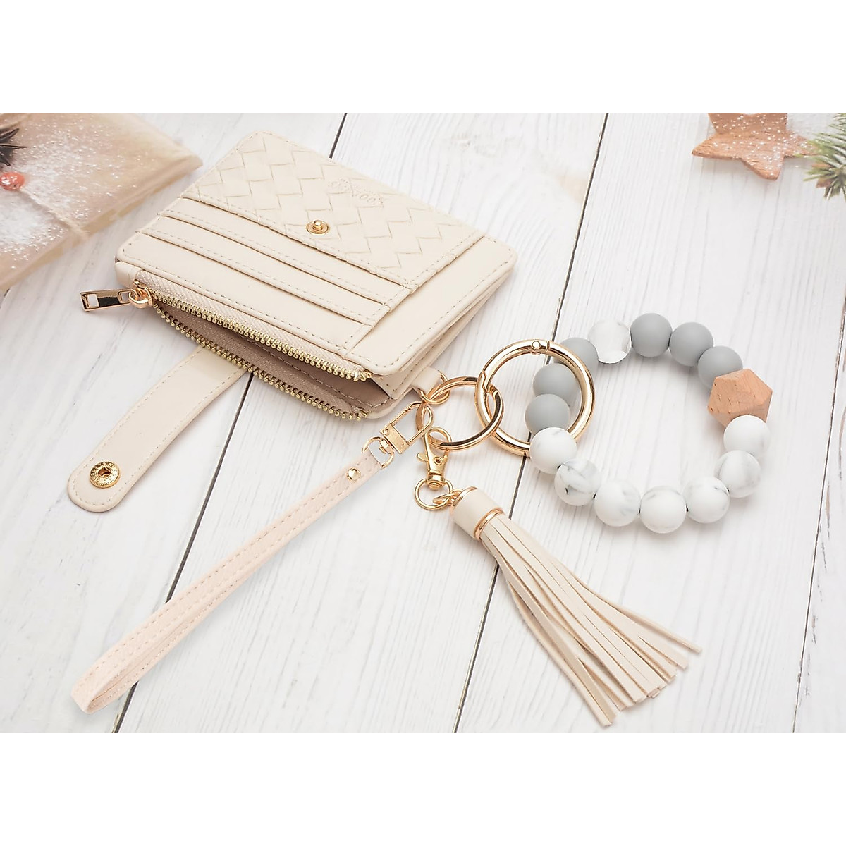 COOLANS Wristlet Bracelet Keychain Pocket Credit Card Holder Purse Tassel Keychain Bangle Key Ring for Women (Silicone Bead Bracelet+Card Purse (Creamy white))