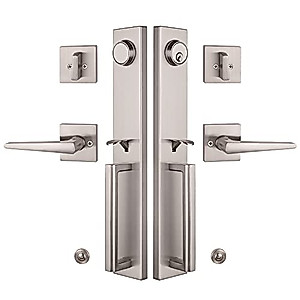 NEWBANG Brushed Nickel Double Door Handle Set,(Keyed and Dummy Set),MDHST2016SN-SET-BR-1