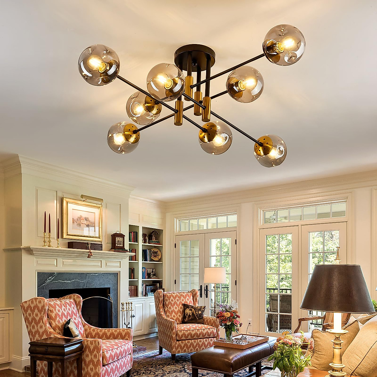 SZXYKEJI 8 Light Glass Globe Ceiling Light Black and Gold Mid Century Flush Mount Sputnik Light Fixture Bubble Chandelier Living Room Farmhouse for Dining Room Kitchen Bedroom.