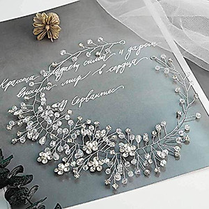 Catery Flower Bride Wedding Headband Silver Crystal Pearl Hair Vine Braid Headpiece Bridal Hair Accessories for Women (Silver)