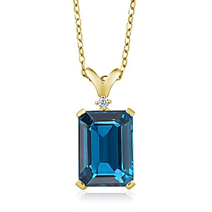 Gem Stone King 18K Yellow Gold Plated Silver London Blue Topaz and White Diamond Pendant Necklace For Women (9.52 Cttw, Gemstone Birthstone, with 18 Inch Chain)