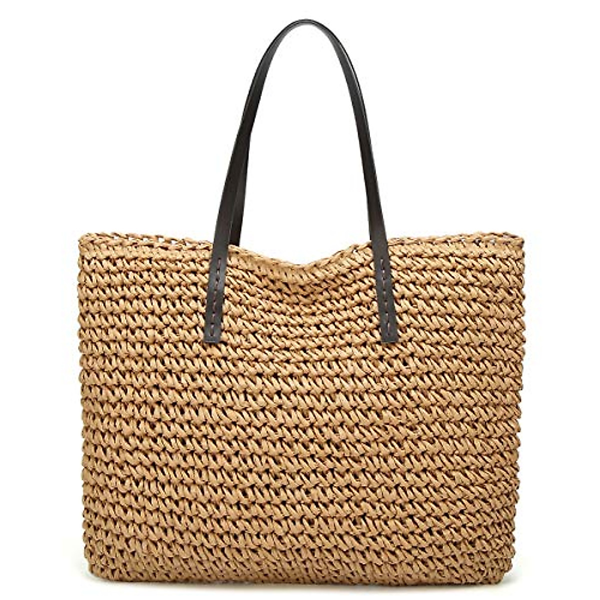 Straw Bag Round Summer Straw Large Woven Beach Bag Purse For Women Vocation Tote Handbags With Pom Poms (Lightcoffee)