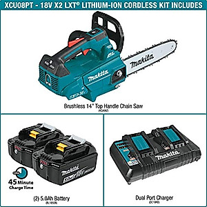 Makita XCU08PT Lithium-Ion Brushless Cordless (5.0Ah) 18V X2 (36V) LXT 14" Top Handle Chain Saw Kit, Teal