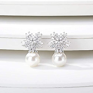 Silver Zirconia Earrings with White Pearl Style Stone - Soho Jewelry - Accessory for Women - Includes Gift Box