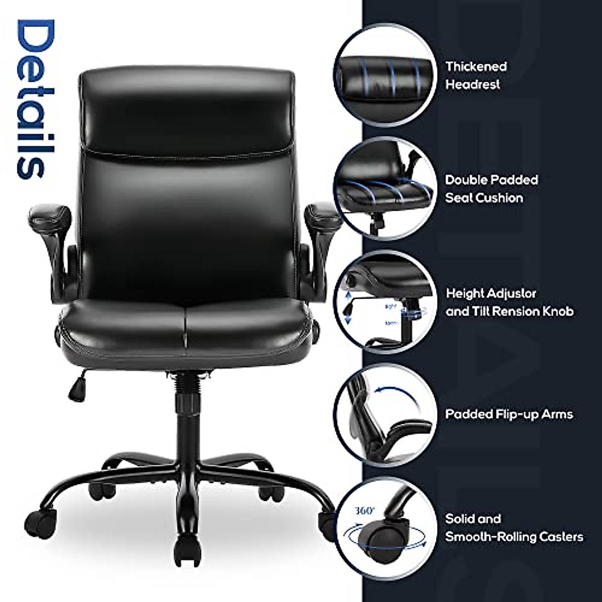 Executive Home Office Chair-Ergonomic Computer Desk Chair with Padded Flip-up Arms, Adjustable Height and Tilt, Soft Leather Office Chair Swivel Rolling for Adult Teens Working, Study, Gaming (Black)