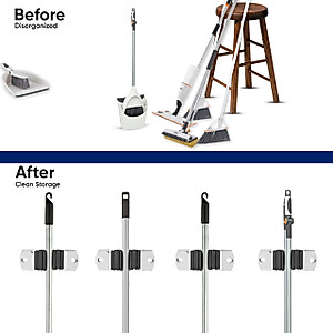 Superio Mop and Broom Holder, Set of 4 Single Piece Hooks, Stainless Steel Wall Mount Cleaning Storage Tool Organizer, Heavy-Duty Hook for Kitchen, Closet Garage, and Office
