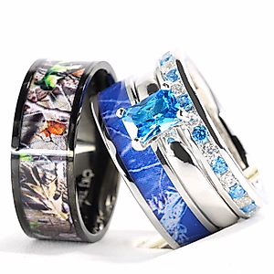 4pcs His Hers Camo Blue Radiant Stainless Steel Sterling Silver Wedding Ring Set (Size His 08, Hers 06)