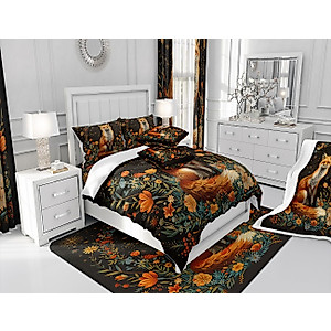 3D Fox Duvet Cover Set King Size,Twelve Constellations Botanical Comforter Cover 3Pcs,Flower Green Leaves Bedding Set for Kids Boys Teens Girls Room Decor,Wild Animal Bedspreads Cover,2 Pillowcases